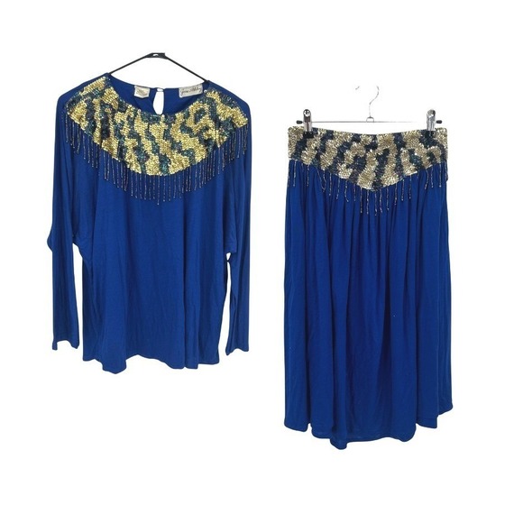 Jane Ashley | Tops | Boho Beaded Sequin Skirt Set L Blue Fringe 2 Piece ...